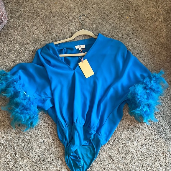 entro | Tops | Nwt Bright Blue Body Suit With Feathers | Poshmark